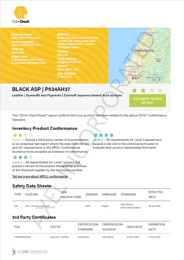 Certificate – AXEL Chemicals Co.,Ltd.
